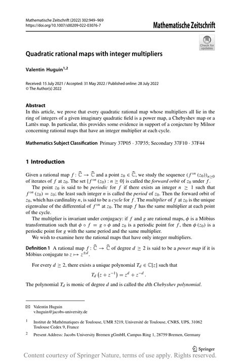 Pdf Quadratic Rational Maps With Integer Multipliers