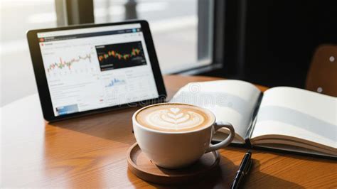 Coffee Shop Table With Tablet Showing Financial News And Latte Art