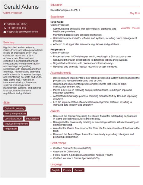 Claims Processor Resume Template Resumegemini Online Resume Builder