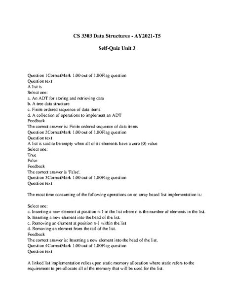 Cs 3303 Data Structures Ay2021 T5 Self Quiz Unit 3 Cs 3303 Data