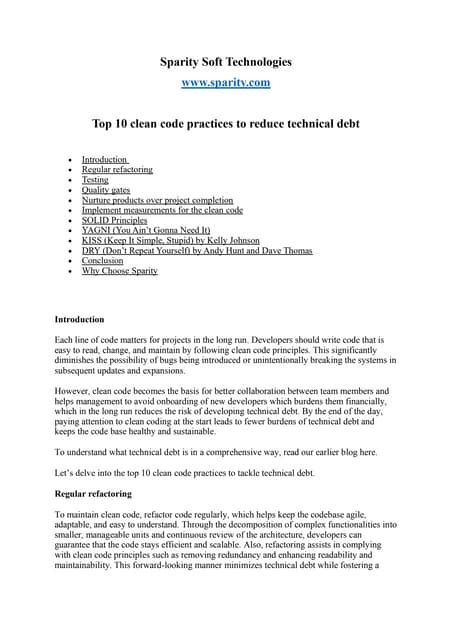 Top 10 Clean Code Practices To Reduce Technical Debt Pdf