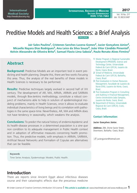 Pdf Preditive Models And Health Sciences A Brief Analysis