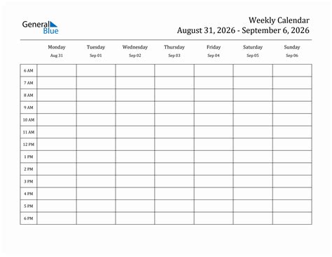 Hourly Planner Template For The Week Of August 31 2026