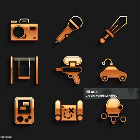 물총 해적 보물지도 라켓 무선 조종 자동차 장난감 테트리스 전자 게임 스윙 검 및 사진 카메라 아이콘을 설정합니다 벡터 Brand Name Video Game에 대한 스톡