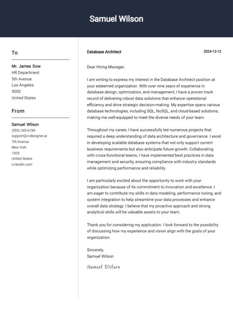 24 Database Architect Cover Letter Examples And Templates For 2024