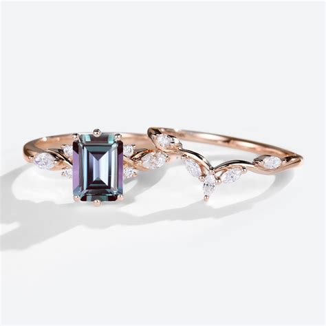Rose Gold Emerald Cut Alexandrite Rings Curved Wedding Band Lisajewelryus