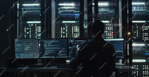 Premium Photo Programmer Contemplating Code In A Room Full Of Server Racks At Night
