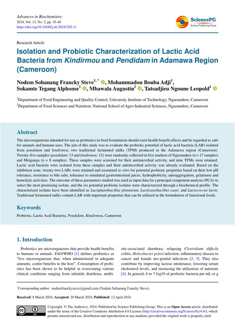 Pdf Isolation And Probiotic Characterization Of Lactic Acid Bacteria From Kindirmou And