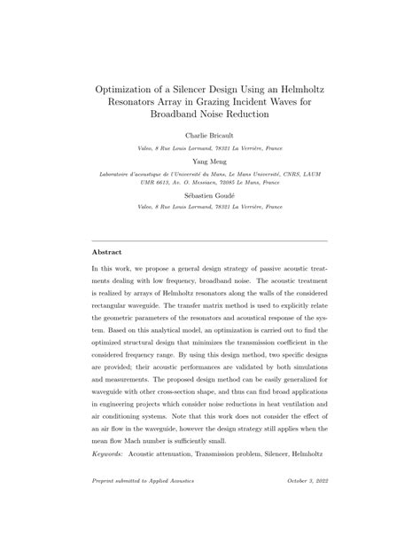 Pdf Optimization Of A Silencer Design Using An Helmholtz Resonators Array In Grazing Incident