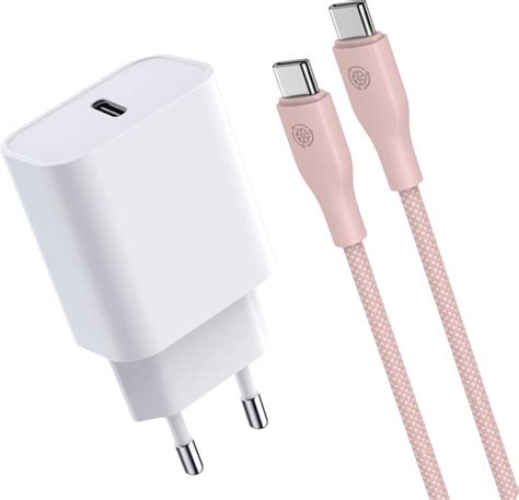 20w Usb C Adapter Met Usb C Naar Usb C Kabel Roze 1 Meter Snellader Universeel Bol