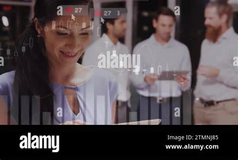 Animation Of Notification Bars And Graphs Over Asian Woman Using