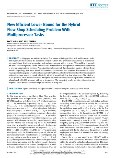 Pdf New Efficient Lower Bound For The Hybrid Flow Shop Scheduling Problem With Multiprocessor