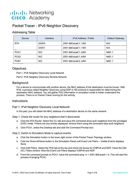 9 3 4 Packet Tracer IPv6 Neighbor Discovery Addressing Table