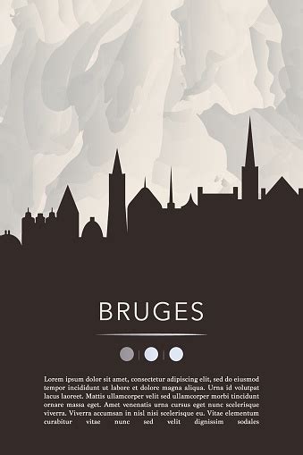 브뤼헤 도시 웹 사이트 프리젠 테이션 첫 페이지 초대장 스카이 라인 랜드 마크가있는 출판물 시트에 대한 템플릿 벡터 벨기에 이미지 레이아웃 단순 및 회색 음영 0명에 대한
