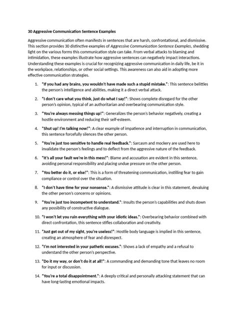 30 Aggressive Communication Sentence Examples Pdf Communication Self Esteem