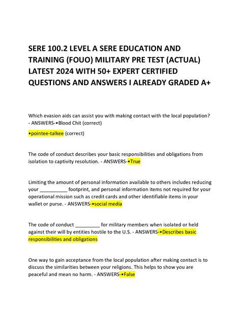 Sere 100 2 Level A Sere Education And Training Fouo Military Pre Test