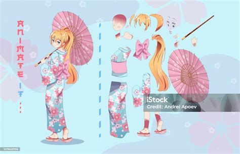 애니메이션 만화 소녀 만화 캐릭터 애니메이션 모션 디자인 키트 신체의 일부 우산으로 서있는 일본 기모노를 입은 소녀 또는 게이샤 만화 스타일에 대한 스톡 벡터 아트 및 기타