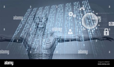 Composition Of Binary Coding And Digital Icons Over Human Body Stock Photo Alamy