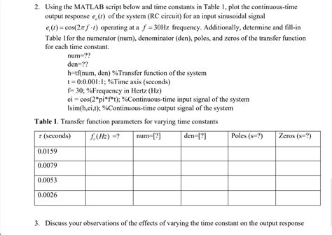 Solved 2 Using The Matlab Script Below And Time Constants