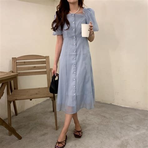 스퀘어넥 프릴 퍼프 숄더 버튼 롱원피스 Ig51539