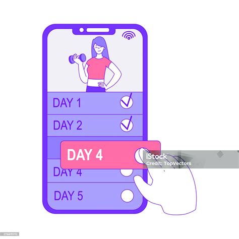 스포츠 운동 앱 와 손 만지기 스마트폰 화면 벡터 일러스트 Brand Name Smart Phone에 대한 스톡 벡터 아트 및