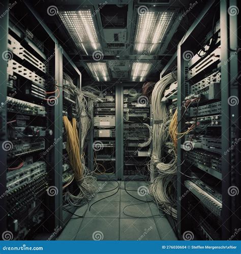 Busy Server Room With Racks Of Computer Equipment Stock Illustration