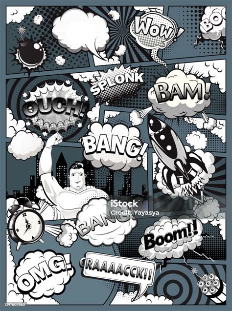 흑백 만화 페이지는 음성 거품 로켓 슈퍼 히어로와 소리 효과와 라인으로 분할 복고풍 배경 모형 어두운 배경에 만화 템플릿 벡터 일러스트레이션 만화책에 대한 스톡 벡터 아트