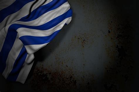 콘텐츠에 대한 빈 장소녹슨 금속에 큰 주름 우루과이 플래그의 꽤 어두운 이미지 어떤 행사 플래그 3d 일러스트 0명에 대한 스톡