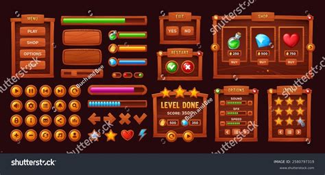Wooden Game Interface Buttons Bars Menu Stock Vector Royalty Free