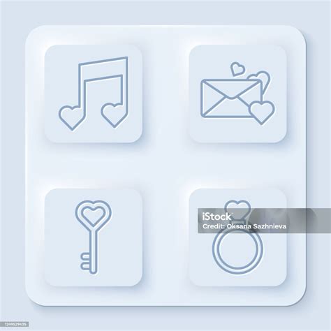 세트 라인 음악 노트 하트톤 하트가 있는 봉투 하트 모양의 키 웨딩 링 흰색 정사각형 버튼 벡터 개념에 대한 스톡 벡터 아트 및 기타 이미지 Istock