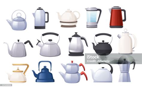 다른 유형의 찻주전자 전기 커피 세라믹 및 금속 주전자의 큰 컬렉션 흰색 배경에 벡터 그림 강철에 대한 스톡 벡터 아트 및 기타 이미지 강철 개체 그룹 그릇 Istock