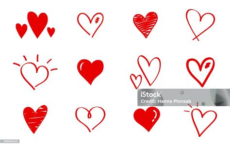 낙서 하트 아이콘 세트입니다 손으로 그린 하트 아이콘입니다 사랑의 마음 심볼 컬렉션 벡터 하트의 윤곽선을 그립니다 벡터 일러스트 레이 션 그리기에 대한 스톡 벡터 아트 및