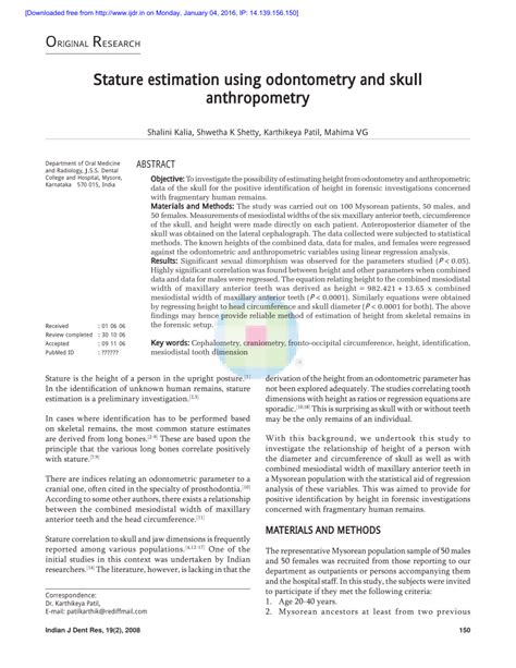 Pdf Stature Estimation Using Odontometry And Skull Anthropometry