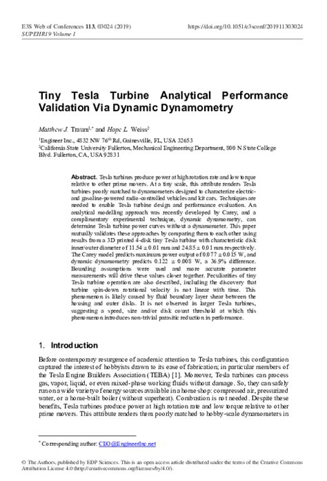Pdf Tiny Tesla Turbine Analytical Performance Validation Via Dynamic