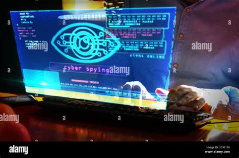 Hacker Spy Attack With Cyber Eye On Computer Screen Hacking Control