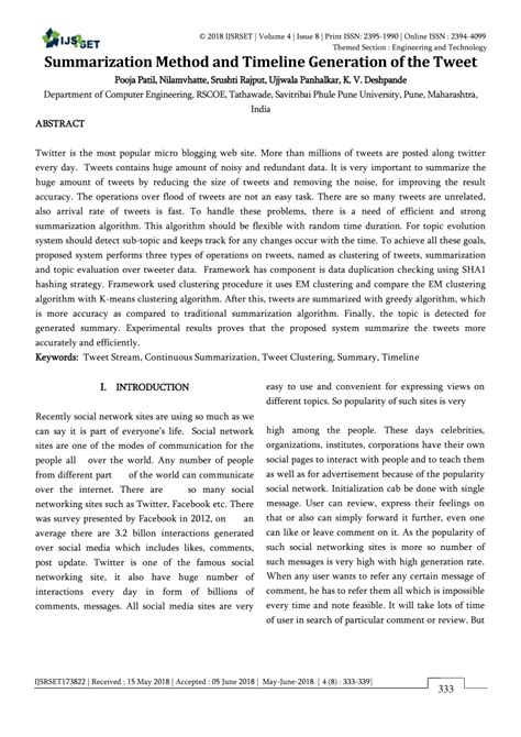 Pdf Ijsrset173822 Summarization Method And Timeline Generation Of The Tweet