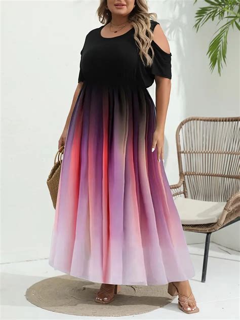 Plus Size Ombre Print Cold Shoulder Maxi Dress Womens Plus Temu