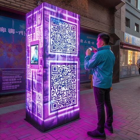 A Man Stands In Front Of A Purple Box QR Code Premium AI Generated Image