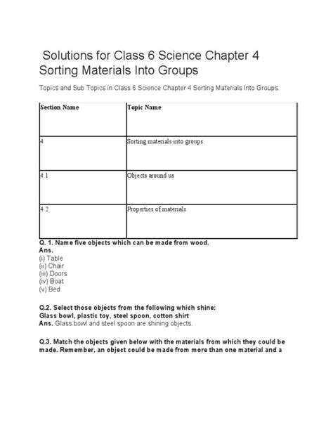 Solutions For Class 6 Science Chapter 4 Sorting Materials Into Groups