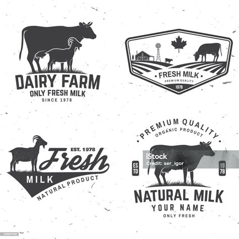 낙농 신선한 우유 배지 로고만 벡터 소 염소 실루엣을 가진 타이포그래피 디자인 유제품 및 우유 농장 사업을위한 템플릿 상점 시장 포장 및 메뉴 복고풍에 대한 스톡 벡터 아트