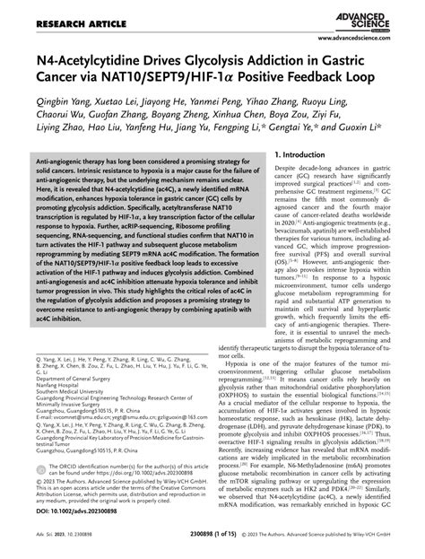 Pdf N4‐acetylcytidine Drives Glycolysis Addiction In Gastric Cancer Via Nat10 Sept9 Hif‐1α