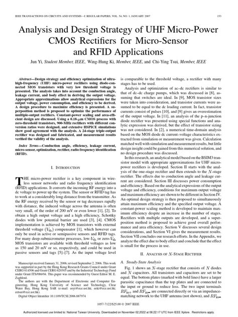 Analysis And Design Strategy Of Uhf Micro Power Cmos Rectifiers For Micro Sensor And Rfid