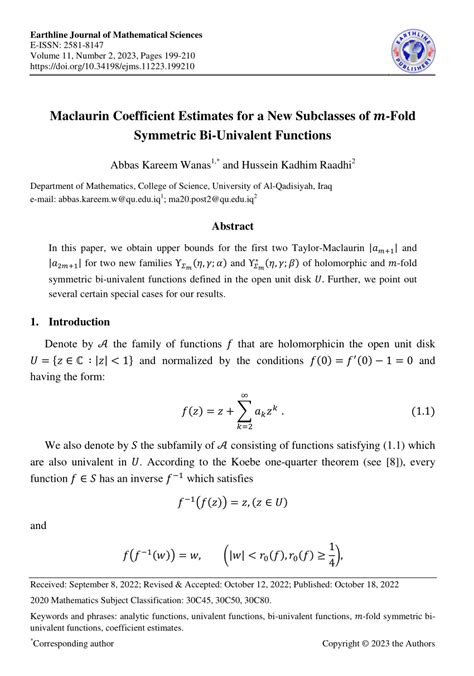 PDF Maclaurin Coefficient Estimates For A New Subclasses Of M Fold Symmetric Bi Univalent
