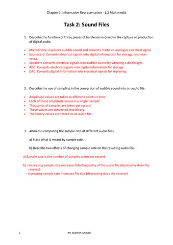 As Computer Science Unit 1 Information Representation 12 Multimedia Teaching Resources