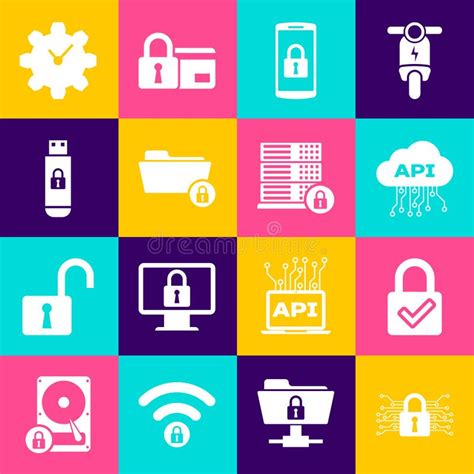 Set Cyber Security Lock And Check Mark Cloud Api Interface Smartphone With Lock Folder And