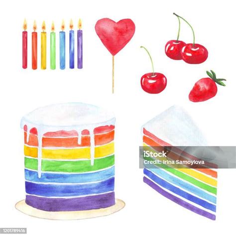 수채화 클립 아트 무지개 케이크 케이크 조각 양초 딸기 체리 심장 디자인 요소 세트 레인보우 케이크에 대한 스톡 벡터 아트 및 기타 이미지 Istock