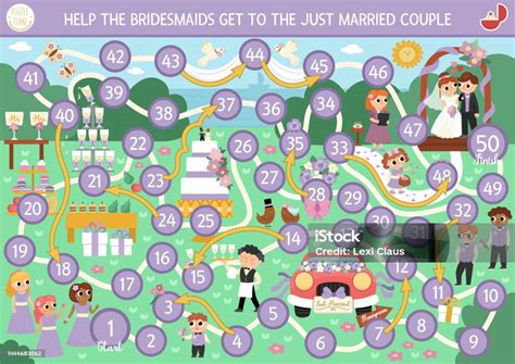 귀여운 신부 신랑 신랑 반지를 가진 아이들을 위한 웨딩 주사위 보드 게임 결혼식 장면 보드 게임 결혼 인쇄 가능한 활동 신부 들러리가 결혼 한 부부에게 다가 가도록