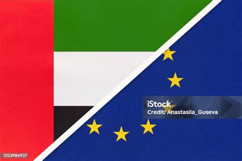 아랍 에미리트 또는 아랍 에미리트 연방과 유럽 연합 은 섬유에서 국기의 상징 두 나라 간의 챔피언십 Championship에 대한 스톡 벡터 아트 및 기타 이미지 Istock