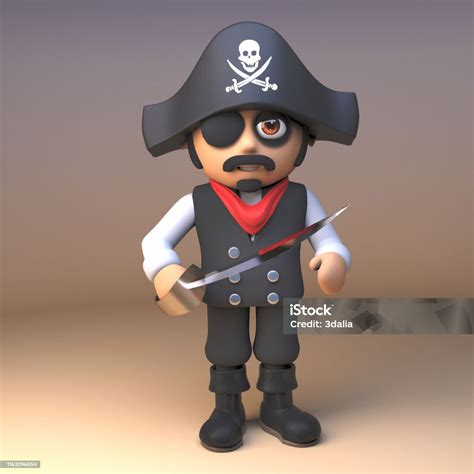 유쾌한 로저 두개골과 크로스 본 모자와 안대를 입고 3d 해적 바다 선장은 그의 믿음직한 커틀라스를 휘두른다 3d 그림 3차원 형태에 대한 스톡 사진 및 기타 이미지