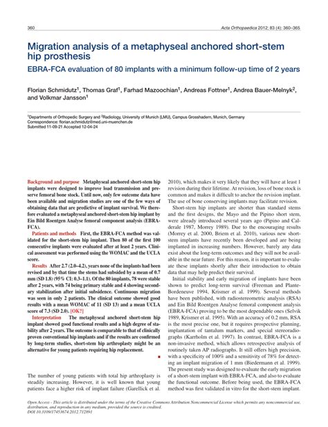 Pdf Migration Analysis Of A Metaphyseal Anchored Short Stem Hip